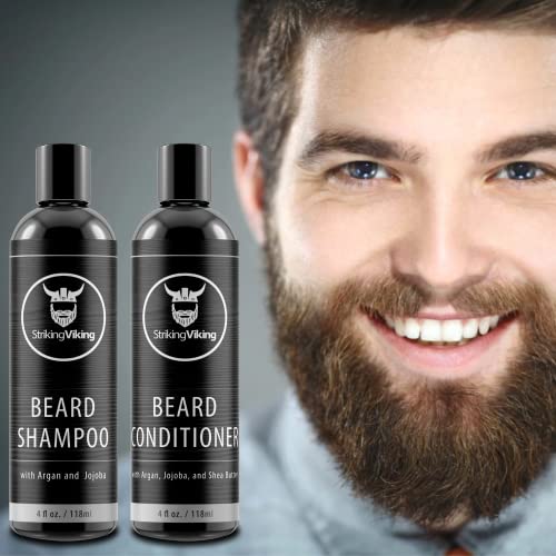 Beard Shampoo and Beard Conditioner for Men, All-Natural Beard Wash Set Cleanse Softens & Conditions with Organic Argan and Jojoba Beard Oils, Sulfate & Paraben Free by Striking Viking