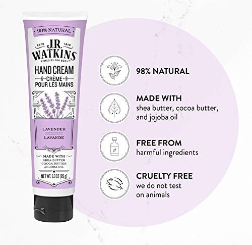 J.R. Watkins Natural Moisturizing Hand Cream, Hydrating Hand Moisturizer with Shea Butter, Cocoa Butter, and Avocado Oil, USA Made and Cruelty Free, 3.3oz, Lavender, Single