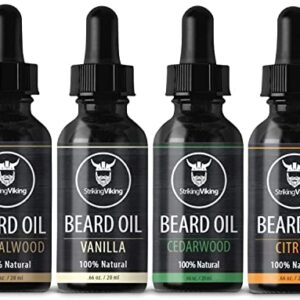 Striking Viking Beard Oil 4 Pack - Softening and Conditioning Beard Oil for Men - Citrus, Vanilla, Sandalwood, & Cedarwood Variety Scents - Enriched with Argan, & Jojoba Oils