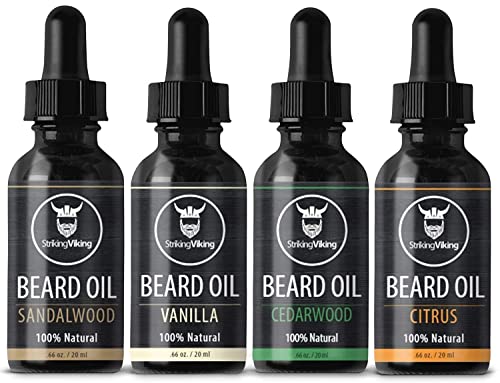 Striking Viking Beard Oil 4 Pack - Softening and Conditioning Beard Oil for Men - Citrus, Vanilla, Sandalwood, & Cedarwood Variety Scents - Enriched with Argan, & Jojoba Oils