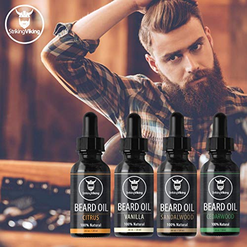 Striking Viking Beard Oil 4 Pack - Softening and Conditioning Beard Oil for Men - Citrus, Vanilla, Sandalwood, & Cedarwood Variety Scents - Enriched with Argan, & Jojoba Oils