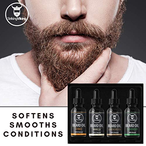 Striking Viking Beard Oil 4 Pack - Softening and Conditioning Beard Oil for Men - Citrus, Vanilla, Sandalwood, & Cedarwood Variety Scents - Enriched with Argan, & Jojoba Oils