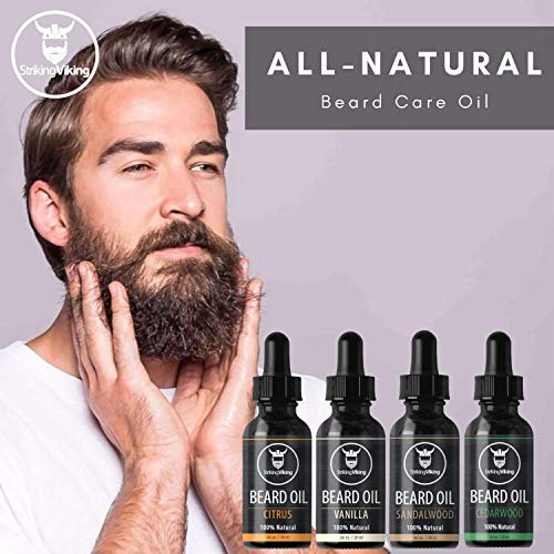 Striking Viking Beard Oil 4 Pack - Softening and Conditioning Beard Oil for Men - Citrus, Vanilla, Sandalwood, & Cedarwood Variety Scents - Enriched with Argan, & Jojoba Oils