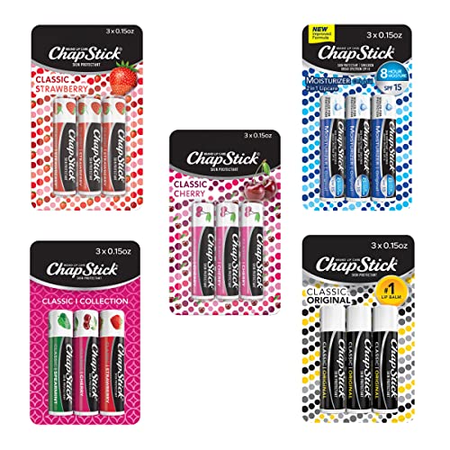 ChapStick Classic Collection Flavored Lip Balm Tubes Pack, Lip Moisturizer - 0.15 Oz (Box of 5 Packs of 3)