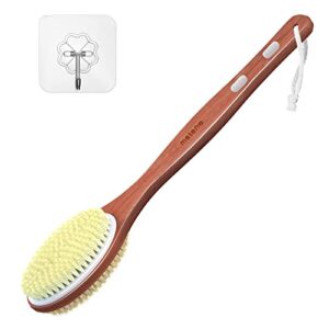 metene shower brush with upgrade 17-inch rosewood handle, double-sided body brush with stiff and soft natural bristles for wet or dry brushing, back scrubber for gentle exfoliating and clean easily