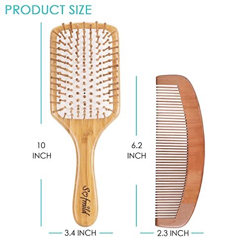 Hair Brush-Natural Wooden Bamboo Brush and Wooden Comb Set Paddle Hairbrush for Women Men and Kids Make Thick Curly Hair Health and Massage Scalp