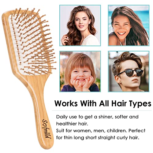 Hair Brush-Natural Wooden Bamboo Brush and Wooden Comb Set Paddle Hairbrush for Women Men and Kids Make Thick Curly Hair Health and Massage Scalp