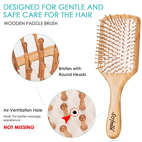 Hair Brush-Natural Wooden Bamboo Brush and Wooden Comb Set Paddle Hairbrush for Women Men and Kids Make Thick Curly Hair Health and Massage Scalp