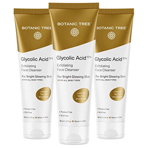 Botanic Tree Glycolic Acid Face Wash Travel Size (2oz., Pack of 3)- Facial Exfoliating Cleanser w/ 10% Glycolic Acid- Organic Anti Aging AHA Peel for Acne, Wrinkle Reduction-Natural Skin Facewash Scrub for Cystic Acne.