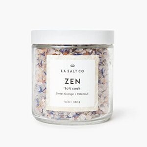 la salt co aromatherapy bath salt soak, zen | mineral-rich himalayan pink salt & magnesium chloride, sweet orange, lemon, patchouli, lavender & peppermint | 16 oz