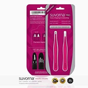 Suvorna 4" Precision Aligned Professional Tweezers Color Sets with Premium Stainless Steel. One Sharp Pointed Pair and One Straight Tip Pair for Precision Eyebrow Shaping.