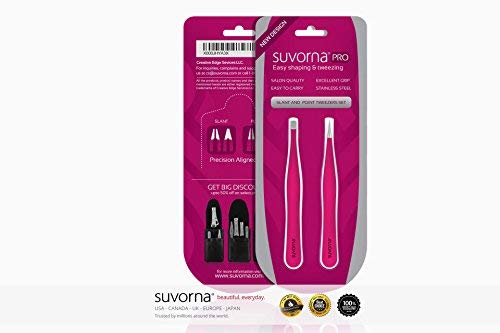 Suvorna 4" Precision Aligned Professional Tweezers Color Sets with Premium Stainless Steel. One Sharp Pointed Pair and One Straight Tip Pair for Precision Eyebrow Shaping.