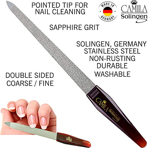 Camila Solingen CS19 8" Large Professional Sapphire Metal Nail File Pointed for Fingernail and Toenail Care. Double Sided Coarse Fine for Manicure / Pedicure. Made of Stainless Steel, Solingen Germany