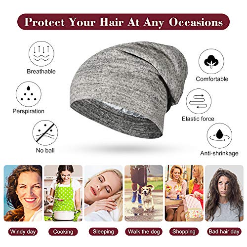 SATINIOR 6 Pieces Satin Lined Sleep Slouchy Cap, Hair Cap for Sleeping, Girl Headwear for Frizzy Curly Hair Women (Black, Dark Blue, Gray, Light Gray, Wine Red, Rusty Red)