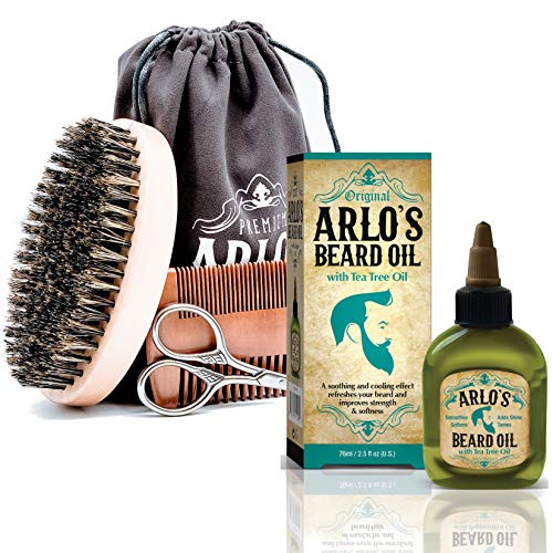 Arlo's 5-PC Mens Premium Beard Grooming Kit w/ Tea Tree Beard Oil 2.5oz -Beard Oil, Beard Brush, Beard Comb, Beard Scissors & Carry Bag