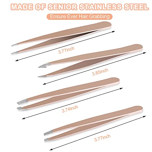 KAOBEINA Tweezers Set 4Pcs - Three Colors Available - Stainless Steel Eyebrow Tweezers - For Facial Hair, Debris & Ingrown Hair Removal(Gold)