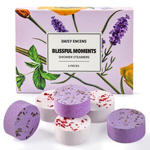 daisy encens aromatherapy shower steamers for home spa relaxation, 6 pack shower bath bombs with pure essential oils, moisturizes skin, self care and pampering gifts for her, lavender, rose