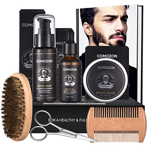 Beard Growth Kit-6 in 1 Beard Grooming Kit with Beard Oil, Beard Balm, Beard Wash, Brush, Comb and Shaving Scissors, Beard Care Kit Gifts for Men Father Dad Husband Boyfriend Brother Son Him