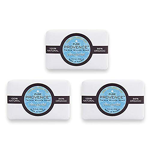 Pure Provence Certified Organic Triple Milled Unscented Soap | Shea Butter | Sensitive Skin | Extra-Gentle Luxury Full Size Bar | Made in France | 5.3oz (150g) Soaps (3 Bars)