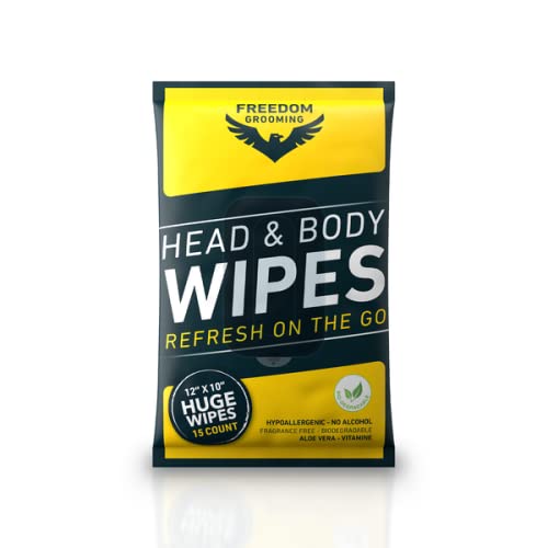 Head & Body Wipes - FREEDOM GROOMING now Freebird - Refreshing Bald Head, Body & Facial Wipes for Men, Cleansing, Natural Gentle Unscented Adult Wipes, 15 Count