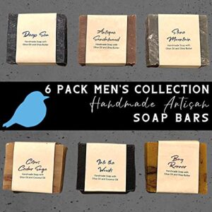 BLUEBYRD Soap Co Artisan Handmade Men's Soap Bars Set of 6, Masculine Scented Fragrance Man Bar Soaps Variety Pack 6, Natural Exfoliating Men's Soap Gift for Dad | Sandalwood, Citrus Cedar Sage, Bay Rum, Deep Sea Pumice, Pine Soap Scrub (MENS)