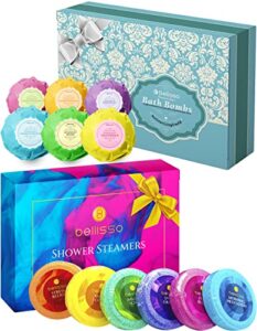 bath bombs ultra lux gift set – 6 xxl fizzies with natural dead sea salt cocoa and shea essential oils plus aromatherapy shower steamers, set of 6 scent tablets