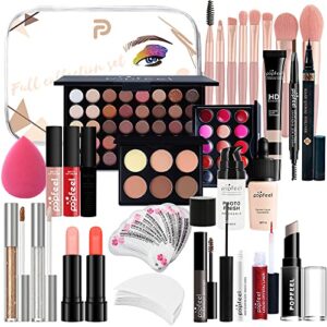 beginner makeup kit for women full kit, makeup set for teen girls eyeshadow lip gloss lipstick make up brushes eyebrow eyeliner pen liquid concealer foundation primer puff eye shadow shields eye brow stencil