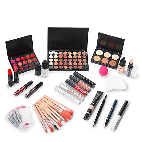 beginner Makeup Kit For Women Full kit, Makeup Set For Teen Girls Eyeshadow Lip gloss Lipstick Make up Brushes Eyebrow Eyeliner Pen Liquid Concealer Foundation Primer Puff Eye shadow Shields Eye Brow Stencil