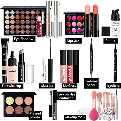 beginner Makeup Kit For Women Full kit, Makeup Set For Teen Girls Eyeshadow Lip gloss Lipstick Make up Brushes Eyebrow Eyeliner Pen Liquid Concealer Foundation Primer Puff Eye shadow Shields Eye Brow Stencil