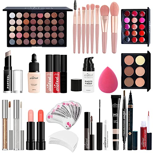 beginner Makeup Kit For Women Full kit, Makeup Set For Teen Girls Eyeshadow Lip gloss Lipstick Make up Brushes Eyebrow Eyeliner Pen Liquid Concealer Foundation Primer Puff Eye shadow Shields Eye Brow Stencil