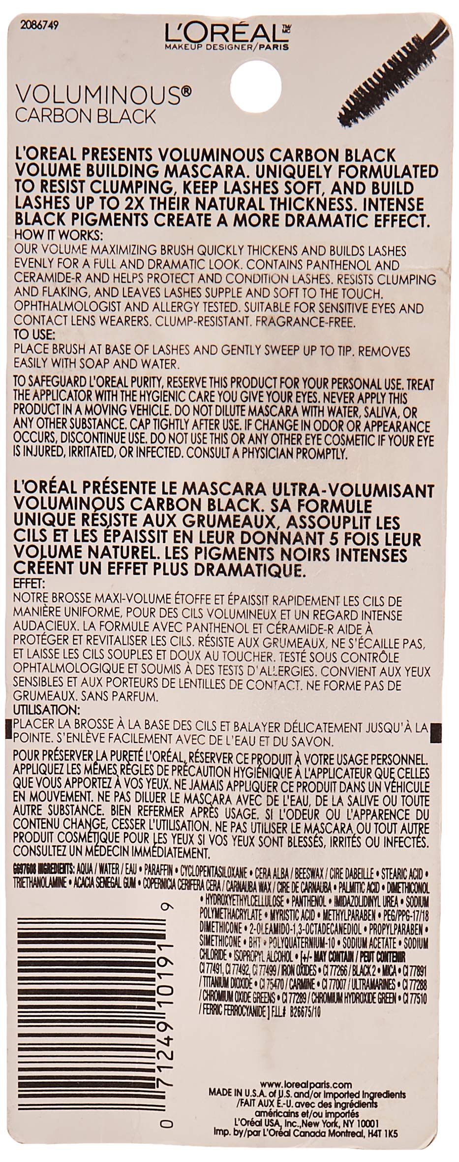 L’Oreal Paris Makeup Voluminous Original Volume Building Mascara, Carbon Black, 0.26 Fl Oz