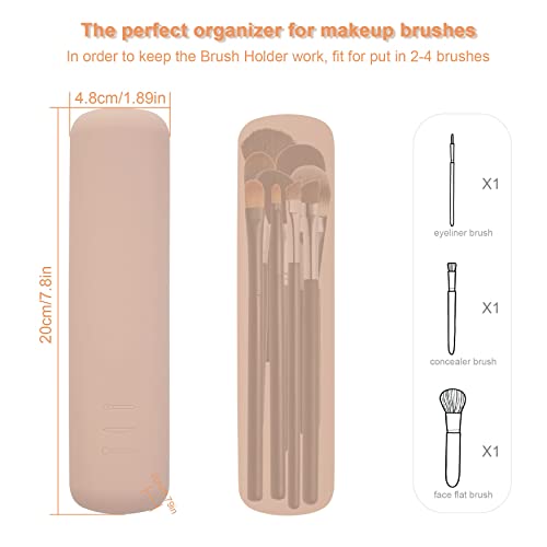 FERYES Travel Makeup Brush Holder, Silicon Trendy and Portable Cosmetic Face Brushes Holder, Soft and Sleek Makeup Tools Organizer for Travel-Khaki