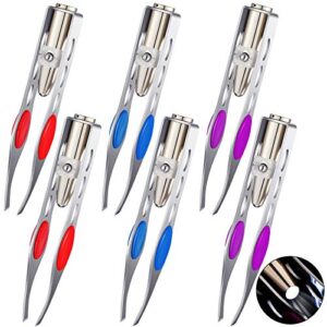 6 pcs light tweezers stainless steel tweezers with led light, makeup eyelash eyebrow hair removal tweezers illuminating lighted tweezers for precision hair removal men women (red, purple, dark blue)