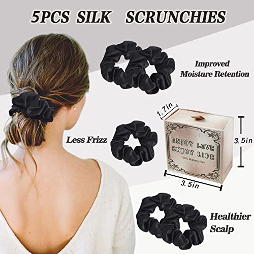 5PCS Hair Scrunchies 100% Mulberry Silk Scrunchie for Women Girls Curly Thick Thin Hair .Women's Black Large Cute Big Satin Sleepy Bulk Small Tie Scrunchie Sleep