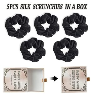 5PCS Hair Scrunchies 100% Mulberry Silk Scrunchie for Women Girls Curly Thick Thin Hair .Women's Black Large Cute Big Satin Sleepy Bulk Small Tie Scrunchie Sleep