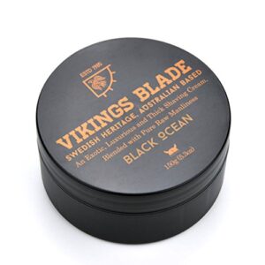 vikings blade luxury shaving cream, black ocean scent, silky buttery smooth, surfactant base. refreshing, clean, close, foaming shave cream