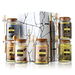 bath salts gift set with lavender, arabica coffee, mango, sugar, himalayan & coconut, 6pc bath soaks, relaxing spa salt with essential oils, vitamin e, jojoba oil, shea butter, fresh herbs