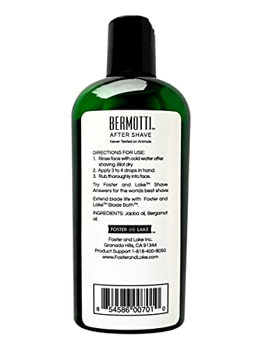 Foster and Lake, BERMOTTI No Burn Best Aftershave Balm, 4 fl. oz.- Natural Non Alcohol, Bergamot Scent, Skin Moisturizer Lotion for Head or Face