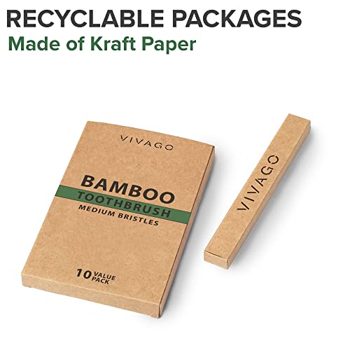 VIVAGO Bamboo Toothbrushes Medium Bristles 10 Pack - BPA Free Medium Bristles Toothbrushes for Adults | Eco-Friendly, Compostable & Biodegradable Toothbrush | Natural Wooden Toothbrushes