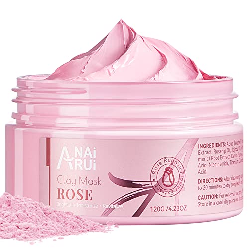 ANAI RUI Rose Clay Facial Mask, with Kaolin Pink Clay, Niacinamide, Collagen, Hyaluronic Acid Moisturizing. Pores Minimizers, Blackhead Remover, 4.23 Oz