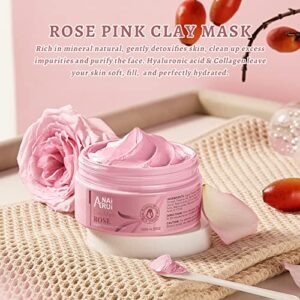 ANAI RUI Rose Clay Facial Mask, with Kaolin Pink Clay, Niacinamide, Collagen, Hyaluronic Acid Moisturizing. Pores Minimizers, Blackhead Remover, 4.23 Oz