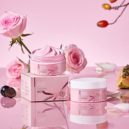 ANAI RUI Rose Clay Facial Mask, with Kaolin Pink Clay, Niacinamide, Collagen, Hyaluronic Acid Moisturizing. Pores Minimizers, Blackhead Remover, 4.23 Oz