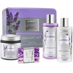 Birthday Gifts Jasmine Lavender Bath and Body Gift Set, Luxury Bath Essentials with Shea Butter - Home Spa Kit - Dead Sea Mud Mask, Shower Gel, Body Lotion & Handmade Soap in an Elegant Tin Box