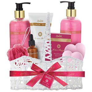 home spa gift bath and body basket for women, christmas birthday gift, peony & geranium home spa kit, bath gift set-shower gel-bubble bath-body lotion-bath bombs-bath salt-message oil-puff