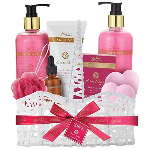 Home Spa Gift Bath and Body Basket for Women, Christmas Birthday Gift, Peony & Geranium Home Spa Kit, Bath Gift Set-Shower Gel-Bubble Bath-Body Lotion-Bath Bombs-Bath Salt-Message Oil-Puff