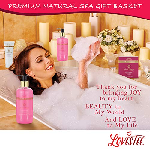 Home Spa Gift Bath and Body Basket for Women, Christmas Birthday Gift, Peony & Geranium Home Spa Kit, Bath Gift Set-Shower Gel-Bubble Bath-Body Lotion-Bath Bombs-Bath Salt-Message Oil-Puff