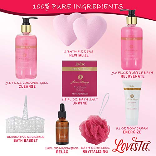 Home Spa Gift Bath and Body Basket for Women, Christmas Birthday Gift, Peony & Geranium Home Spa Kit, Bath Gift Set-Shower Gel-Bubble Bath-Body Lotion-Bath Bombs-Bath Salt-Message Oil-Puff