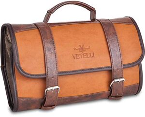 vetelli foldable hanging leather travel toiletry bag for men with 2 zippered internal pockets, 2 snap-fastened internal pockets, and hanging hook