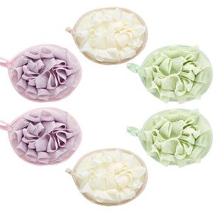 6 pieces bath shower loofah pouf sponge mesh pouf shower ball exfoliating body loofah pad shower scrubber ball shower glove with flower bath ball (beige, green, purple)