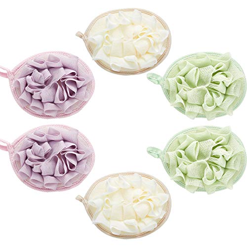 6 Pieces Bath Shower Loofah Pouf Sponge Mesh Pouf Shower Ball Exfoliating Body Loofah Pad Shower Scrubber Ball Shower Glove with Flower Bath Ball (Beige, Green, Purple)